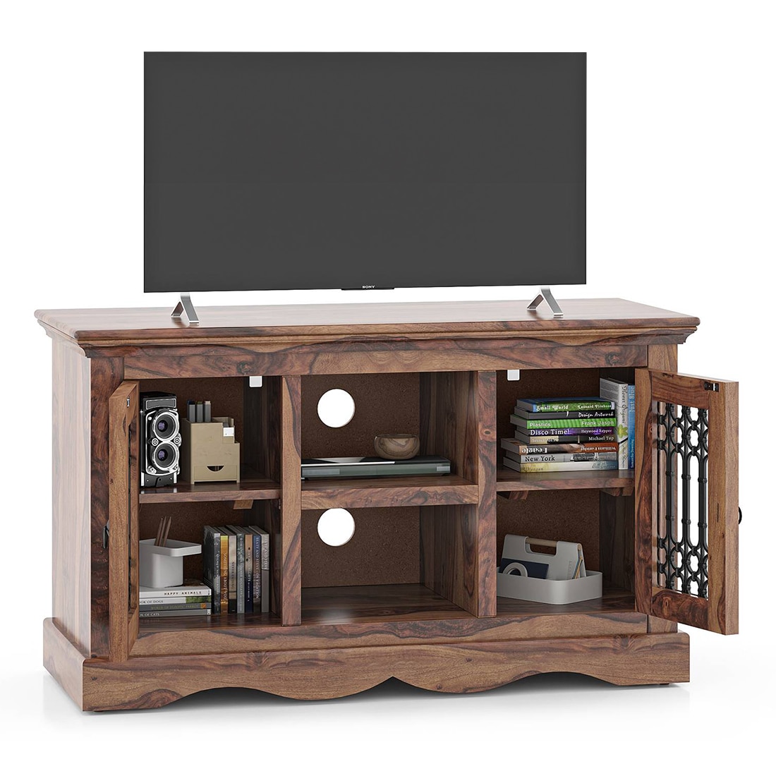 Bunai Solid Wood Free Standing TV Unit In Teak Finish