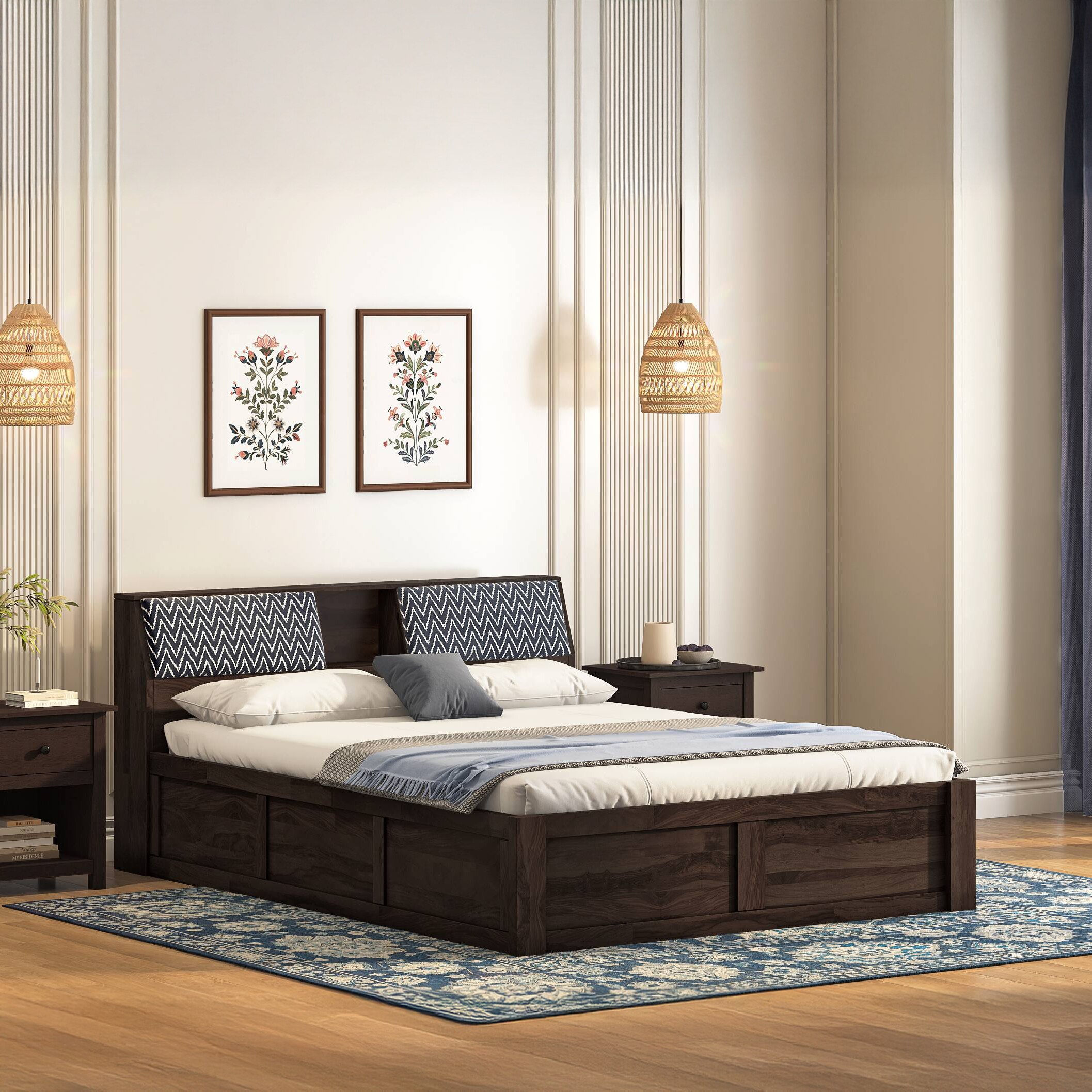 Jennings King Size Box Storage Bed in American Walnut Finish