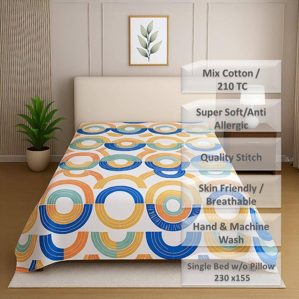 Multicolor Geometric 210 TC Mix Cotton Flat Single Bed Size Bedsheet ...