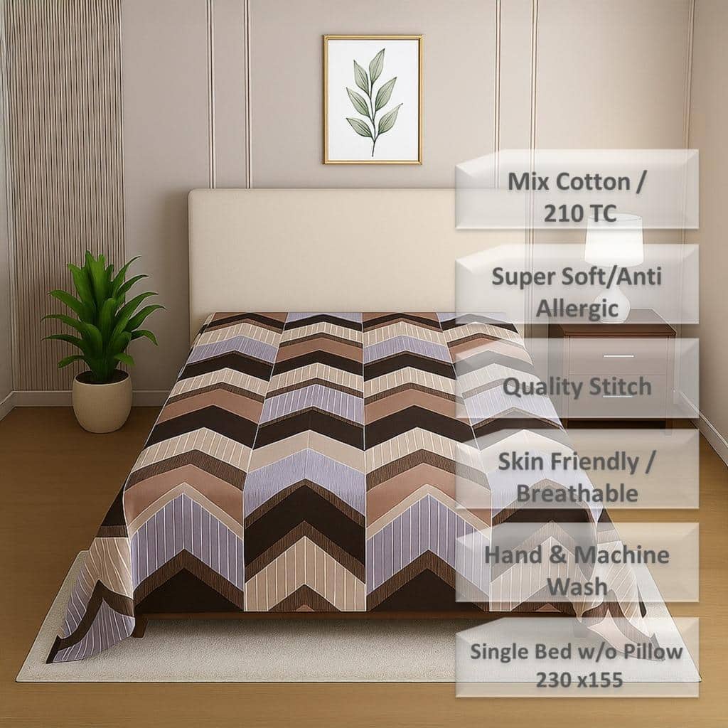 Multicolor Geometric 210 TC Mix Cotton Flat Single Bed Size Bedsheet ...