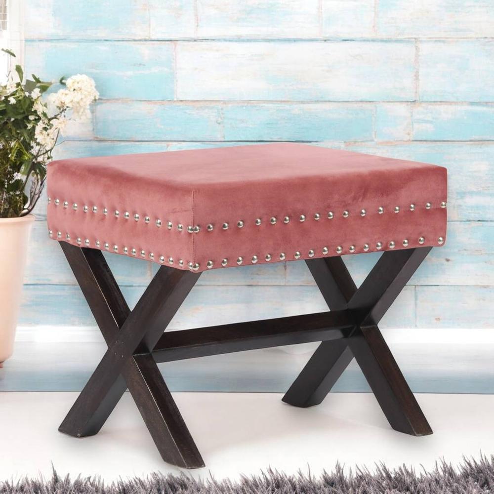 Rosslyn Solid Wood Pouf Stool in Coral Pink Velvet