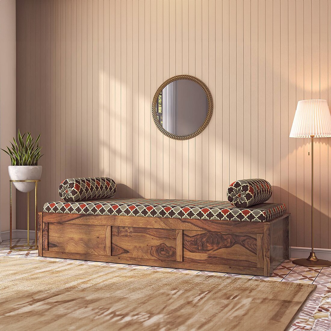 Harvey Diwan in Teak Finish with Terracotta and Grey Fabric Colour