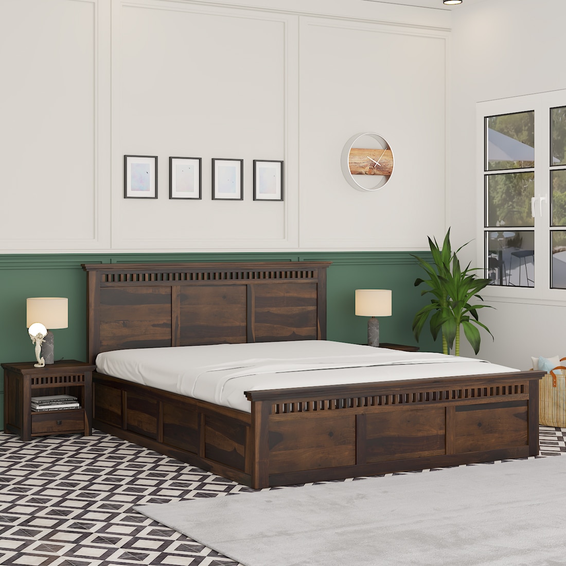 Madhavi Sheesham Wood Queen Size Bed In Provincial Teak Finish With ...