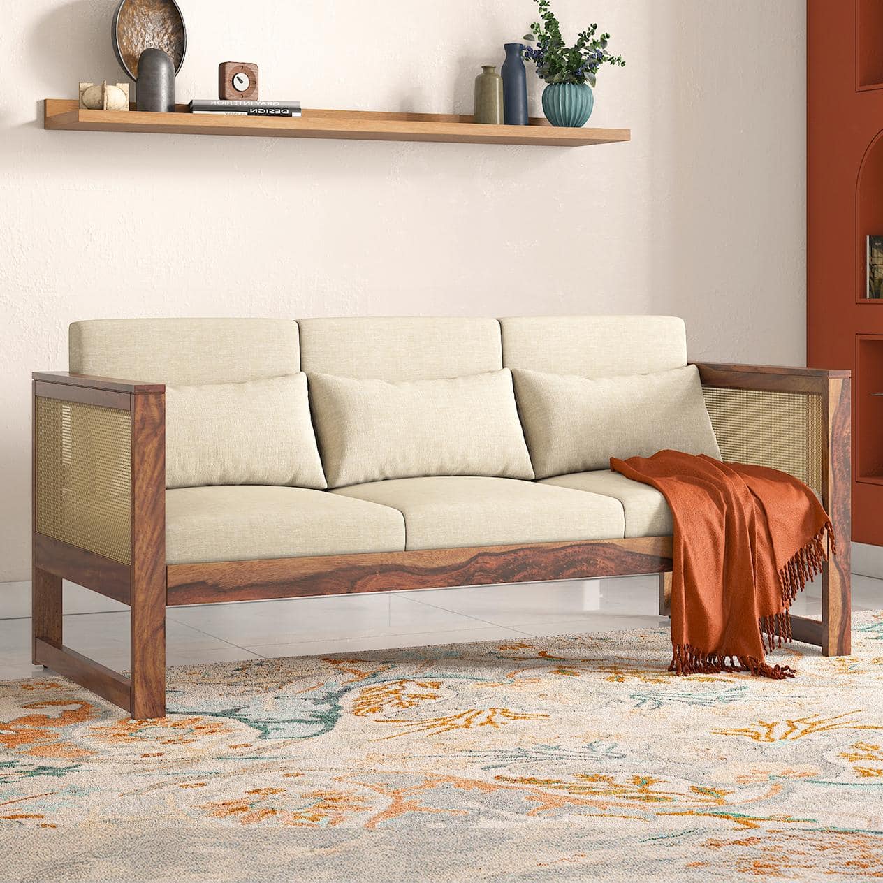 Korai Plus Three seater sofa -Finish -Teak,Fabric - Macadamia Brown ...