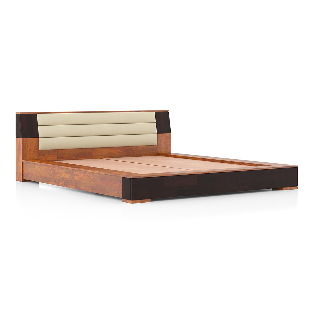 Mahe Solid Wood King Size Bed in Dual Tone with Ancient Ivory Leatherette