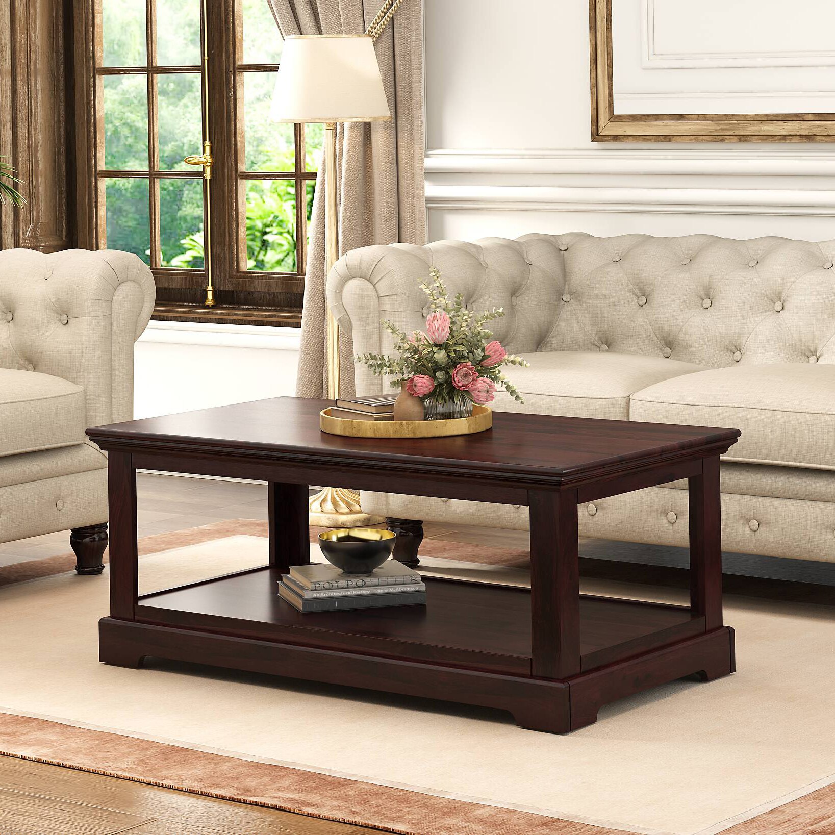 Alexandra Rectangular Solid Wood Coffee Table In Mahogany Finish