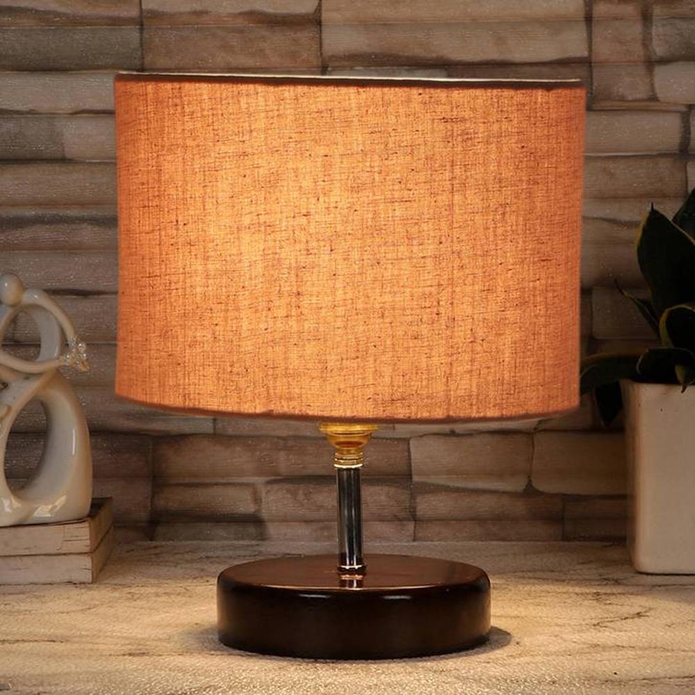 Stanley Grey cotton table lamp with brown wood base