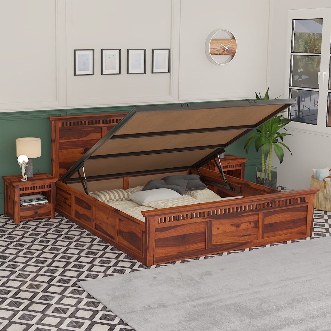 Madhavi Sheesham Wood Queen Size Bed In Honey Oak Finish With Hydraulic ...