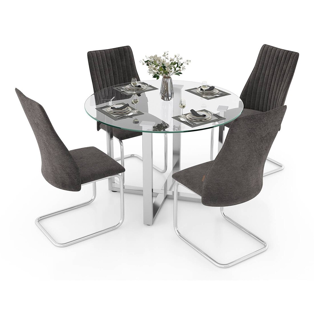 Sanchez 4 Seater Round Table With Set Of 4 Ingrid Dining (Finish- Grey)