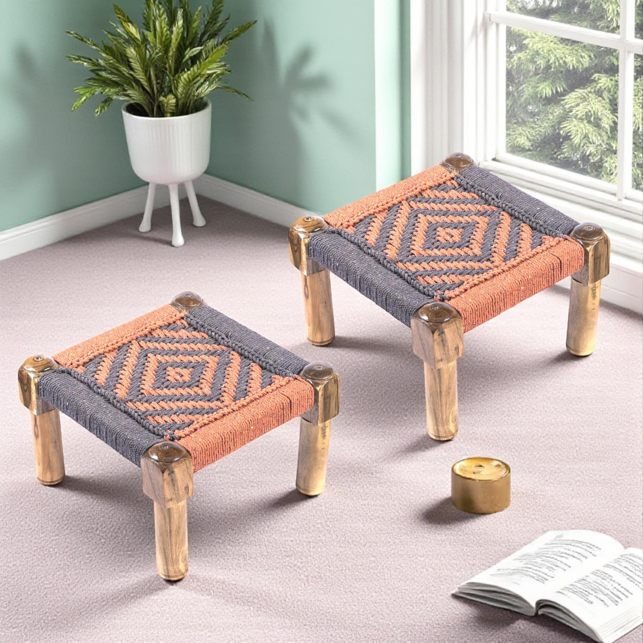 Riaza Sheesham Wood Vintage Set of 2 Foot Stools in Orange & Grey Rope ...