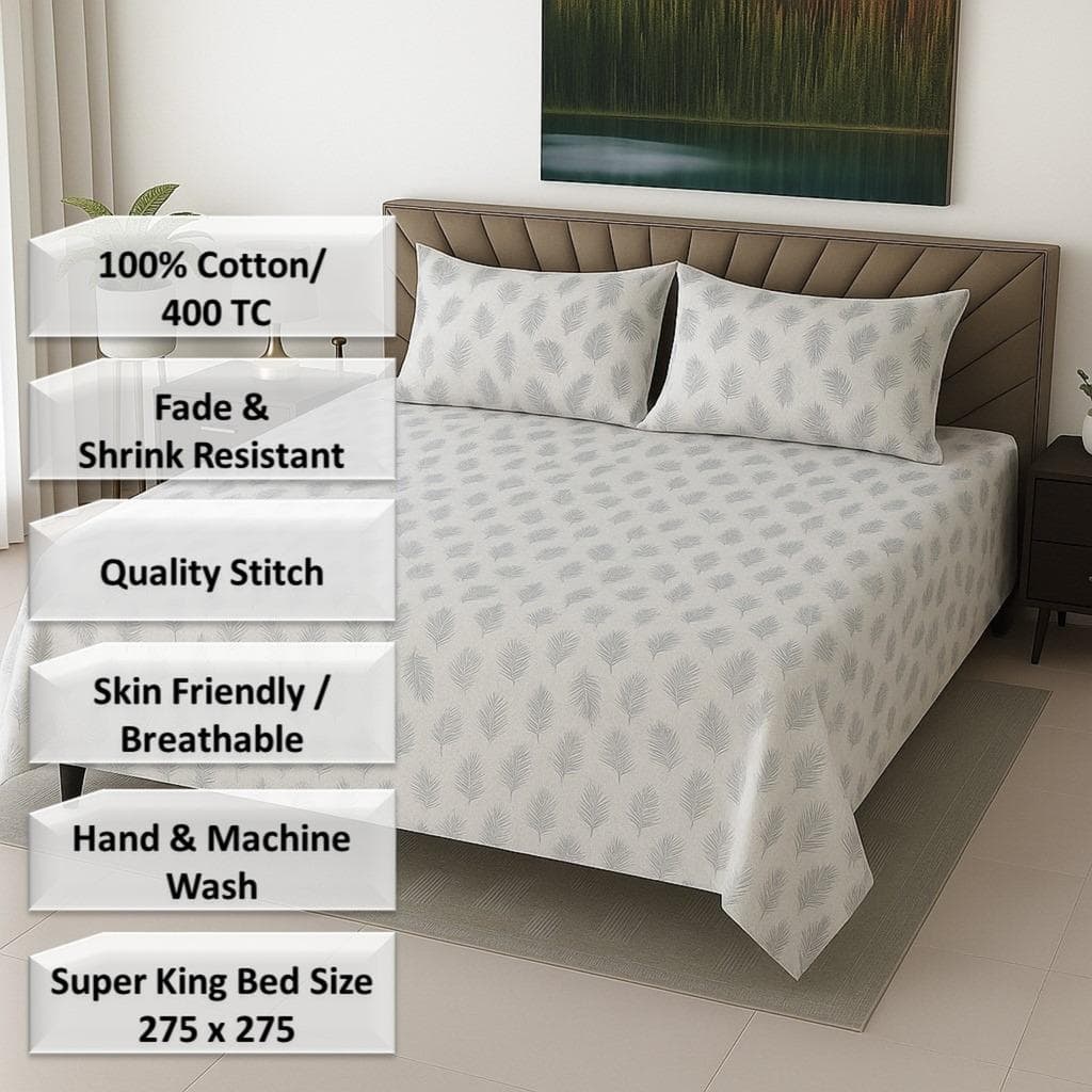 White & Grey Floral 400 TC Cotton Flat Super King Size Bedsheet With 2 ...