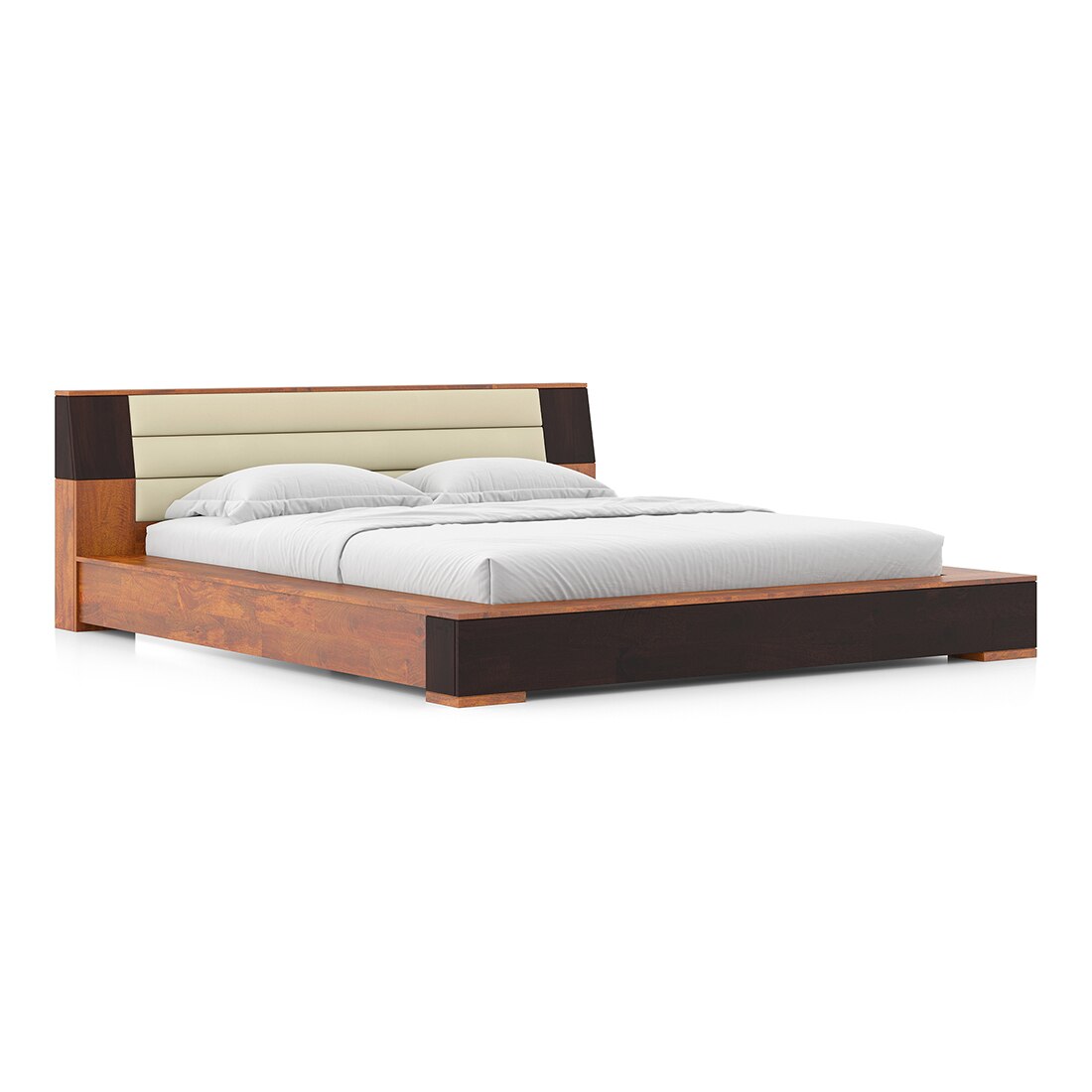 Mahe Solid Wood King Size Bed in Dual Tone with Ancient Ivory Leatherette