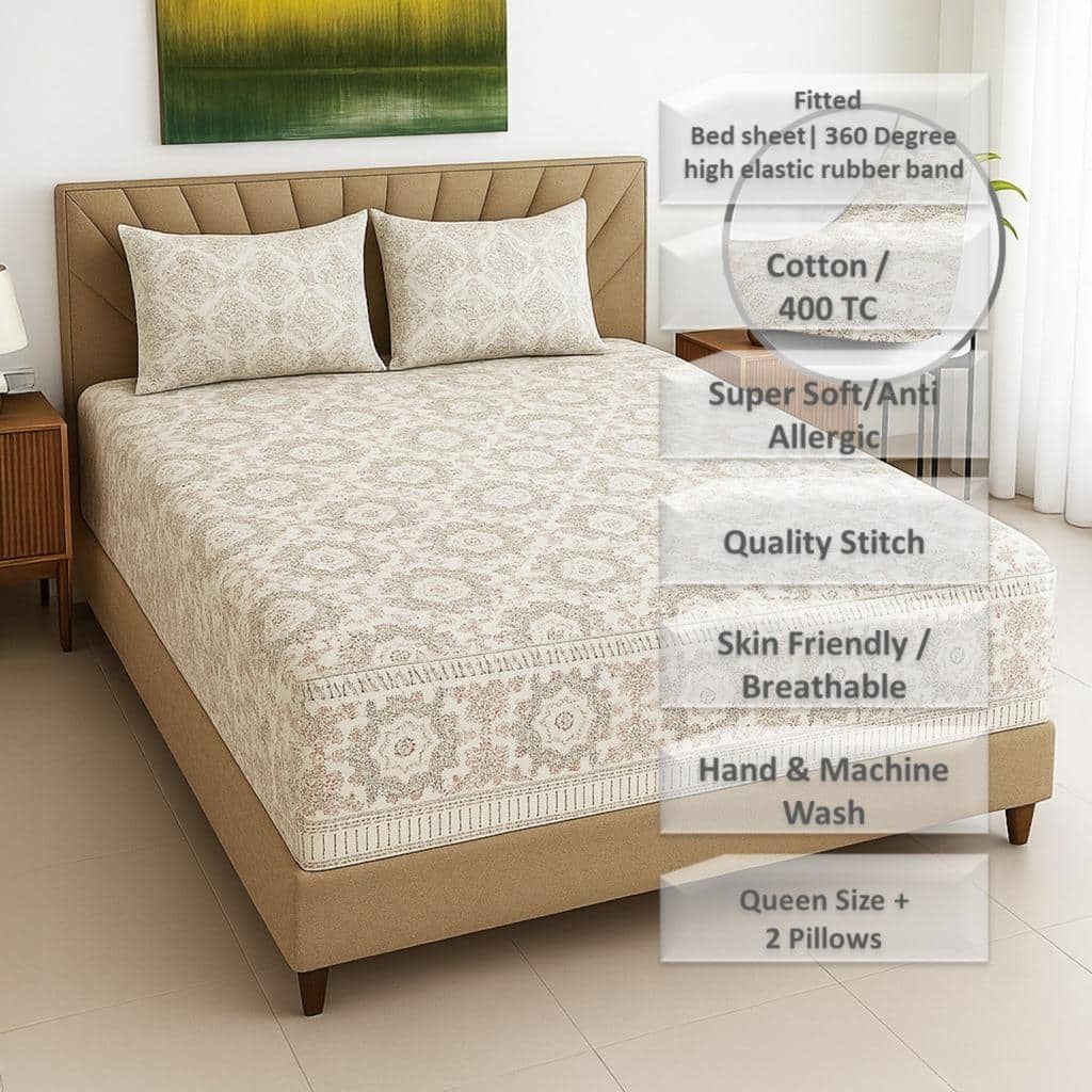 Cream Floral 400 TC Cotton Fitted Queen Bed Size Bedsheet With 2 ...