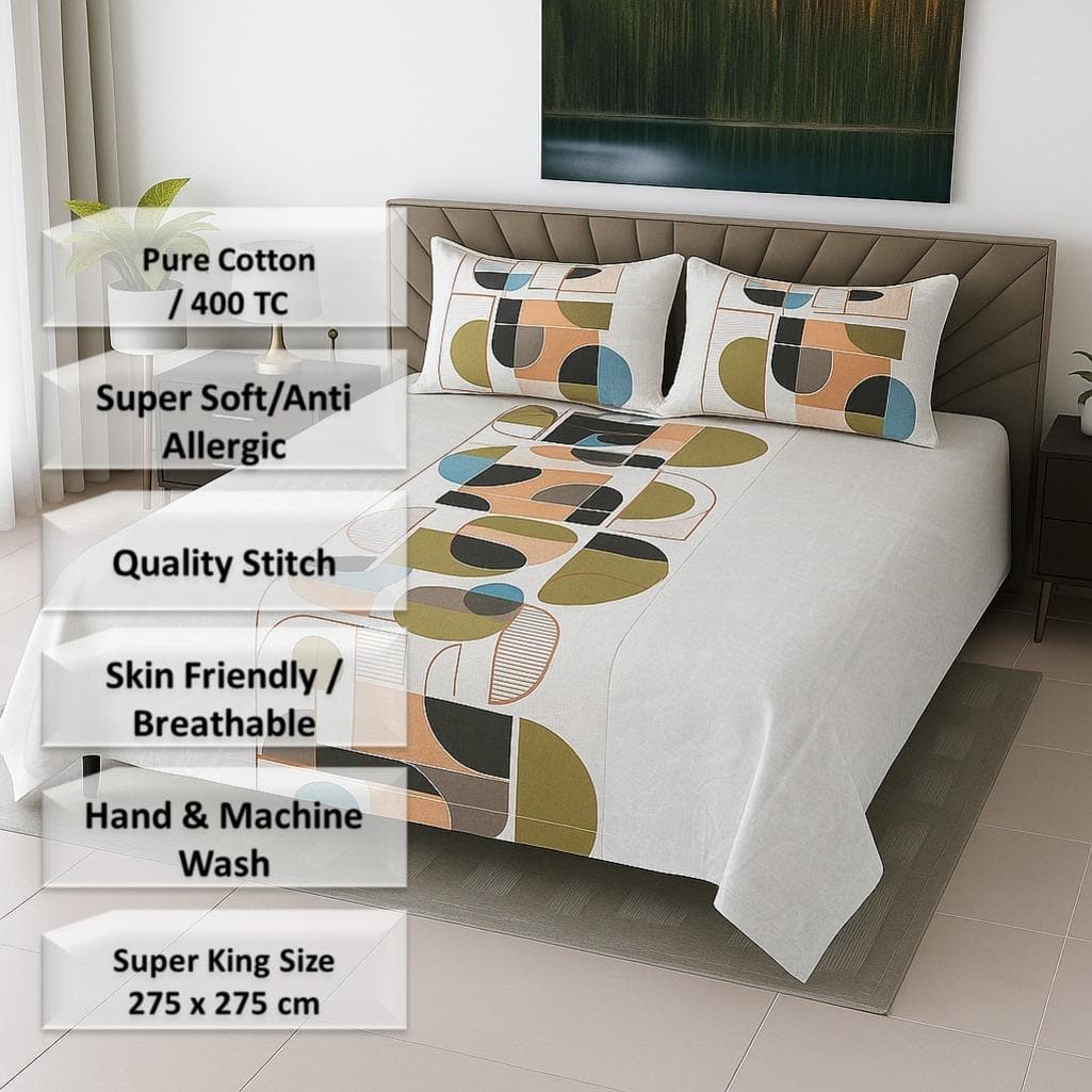 Off White Geometrical 400 TC Cotton Flat Super King Size Bedsheet With ...