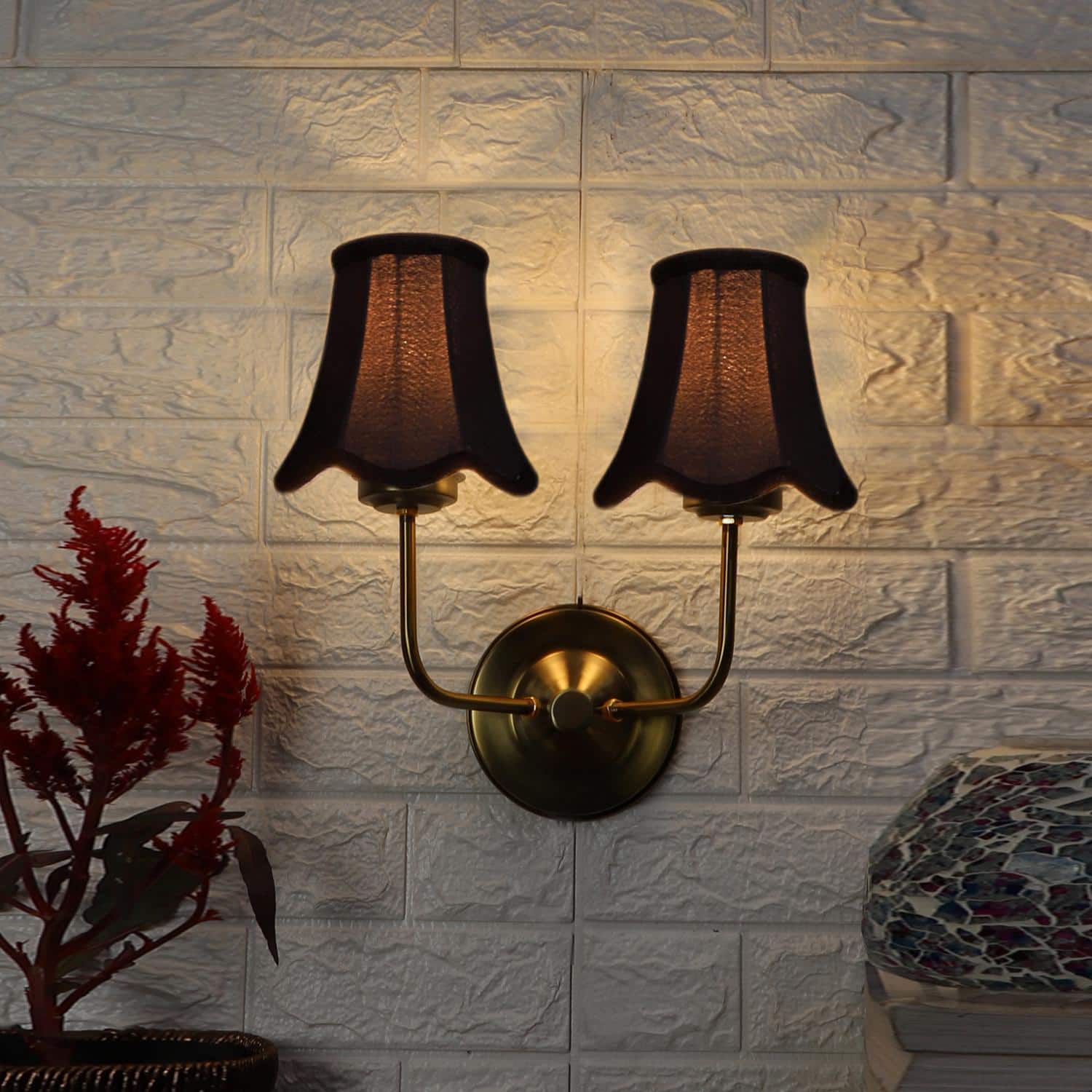 Devansh Dual Gold Metal Wallmounted Lamp With Cotton Gold Metal Shade