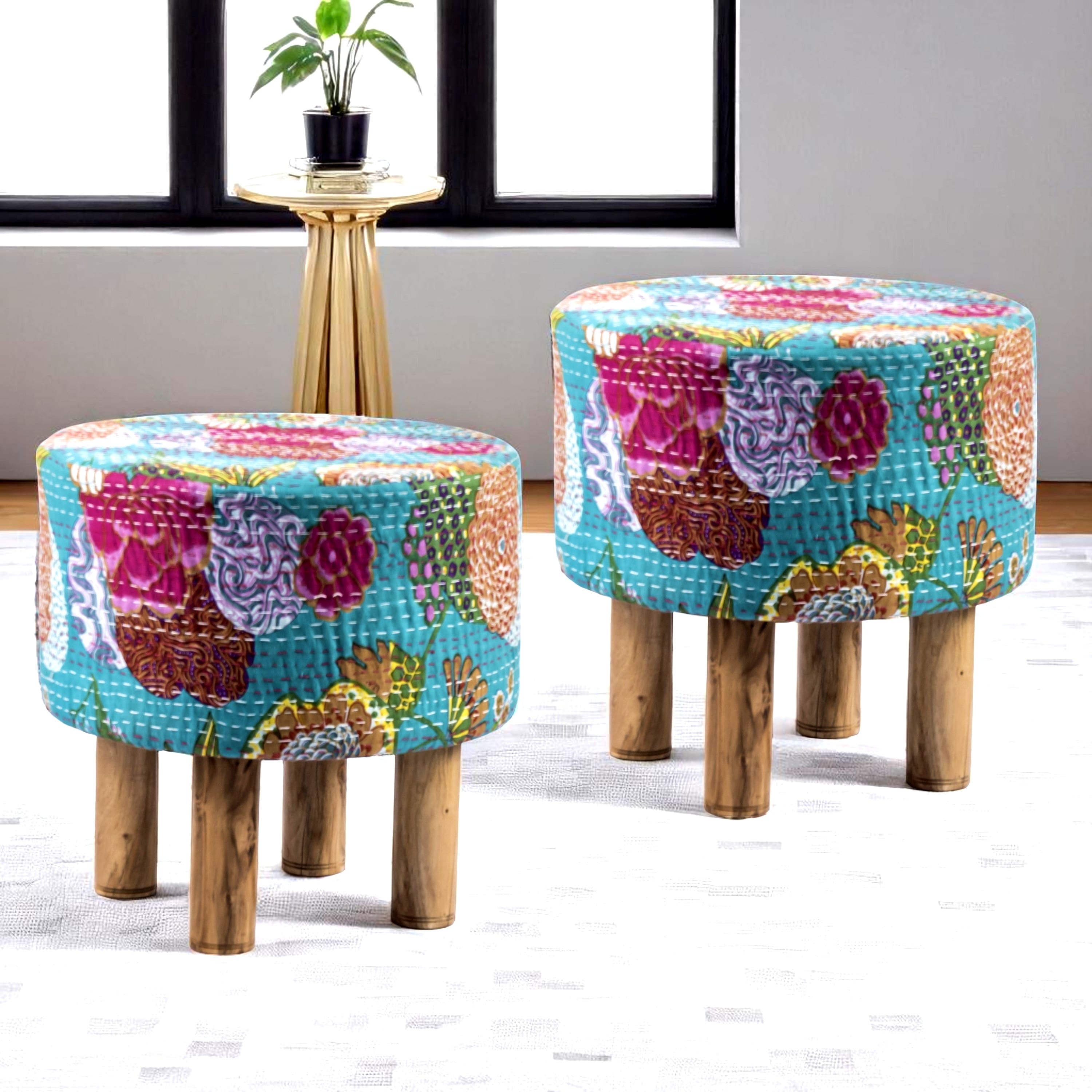 Morgan Acacia Wood Set of 2 Ottoman Pouffees in Sea Green Fruit Print ...