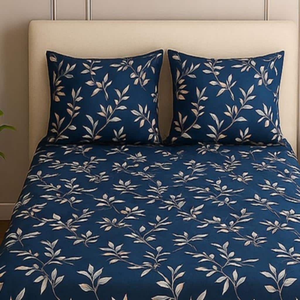 Dark Blue Floral 210 TC Mix Cotton Flat Single Bed Size Bedsheet With 2 ...
