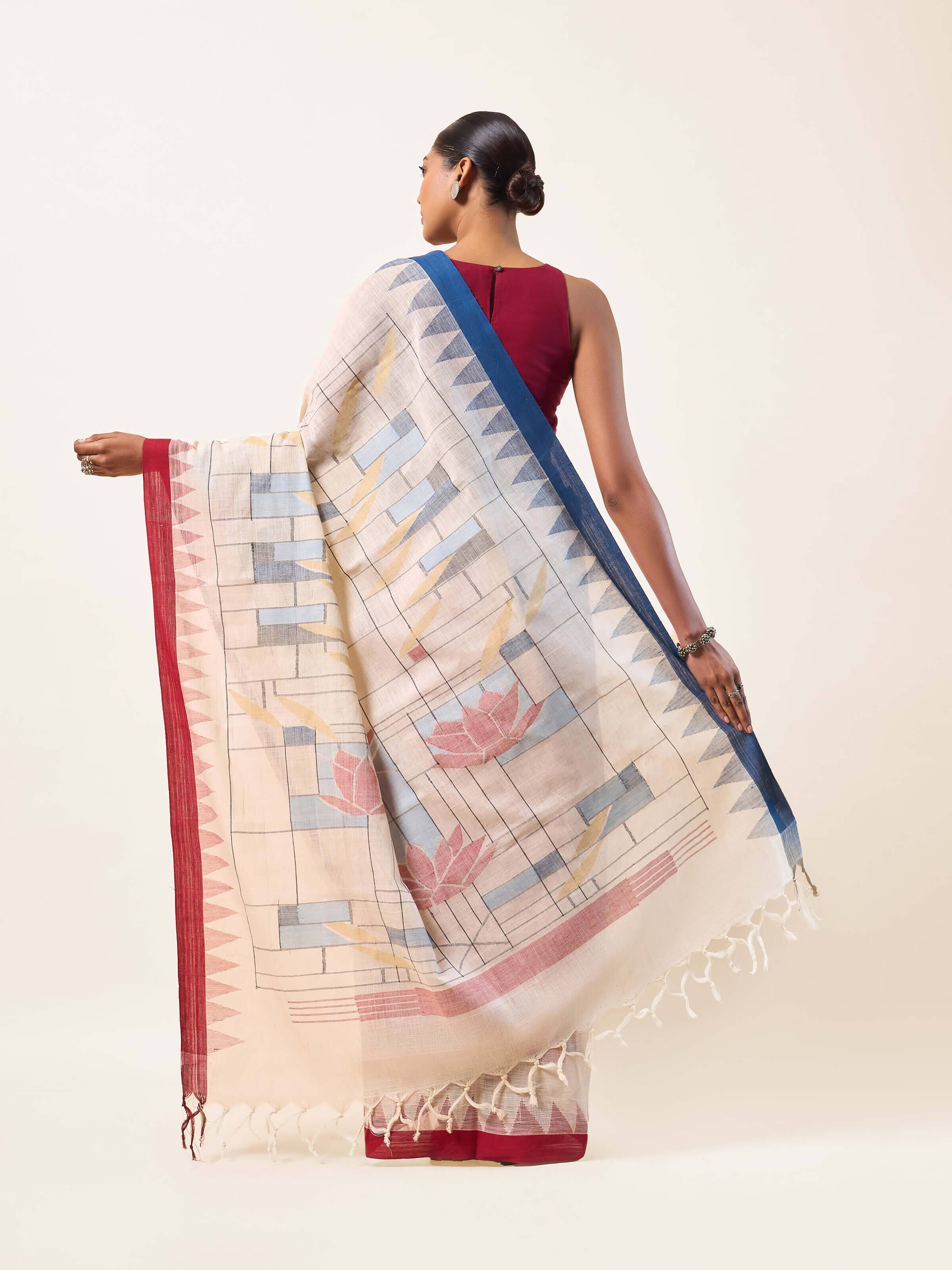Naturally Dyed Cotton Jamdani Handloom Saree with Extra-Weft Geometric ...