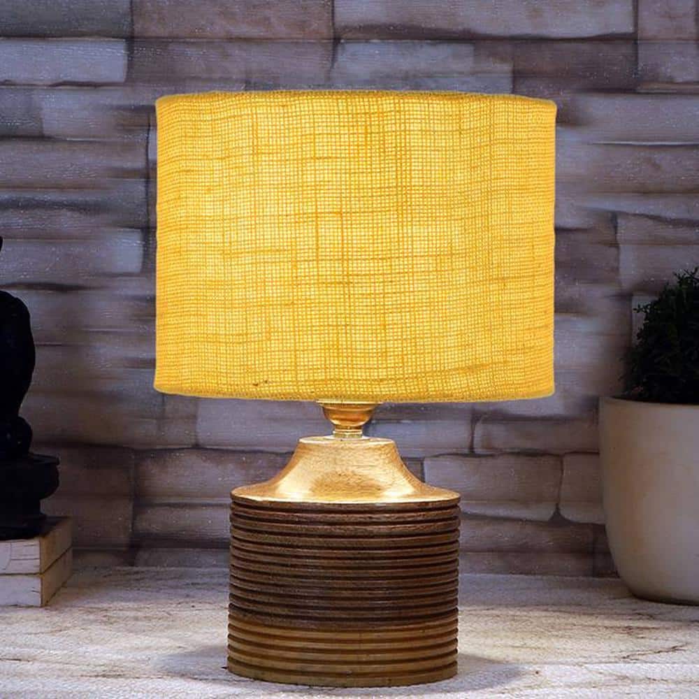 Clidhna Yellow Jute Table Lamp with Natural Wood Base
