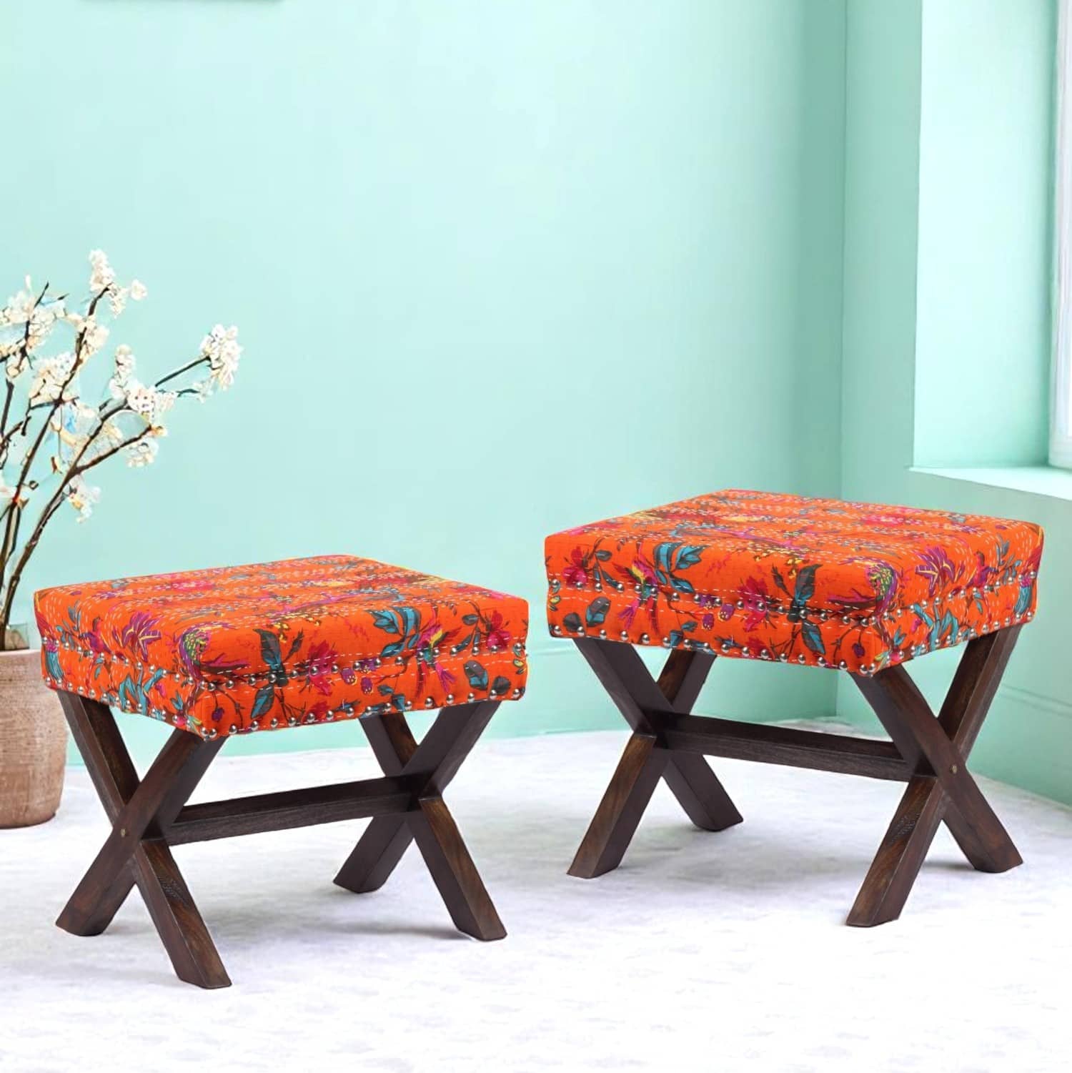 Rosslyn Sheesham Wood Set of 2 Ottoman Pouffees in Bird Print Orange ...